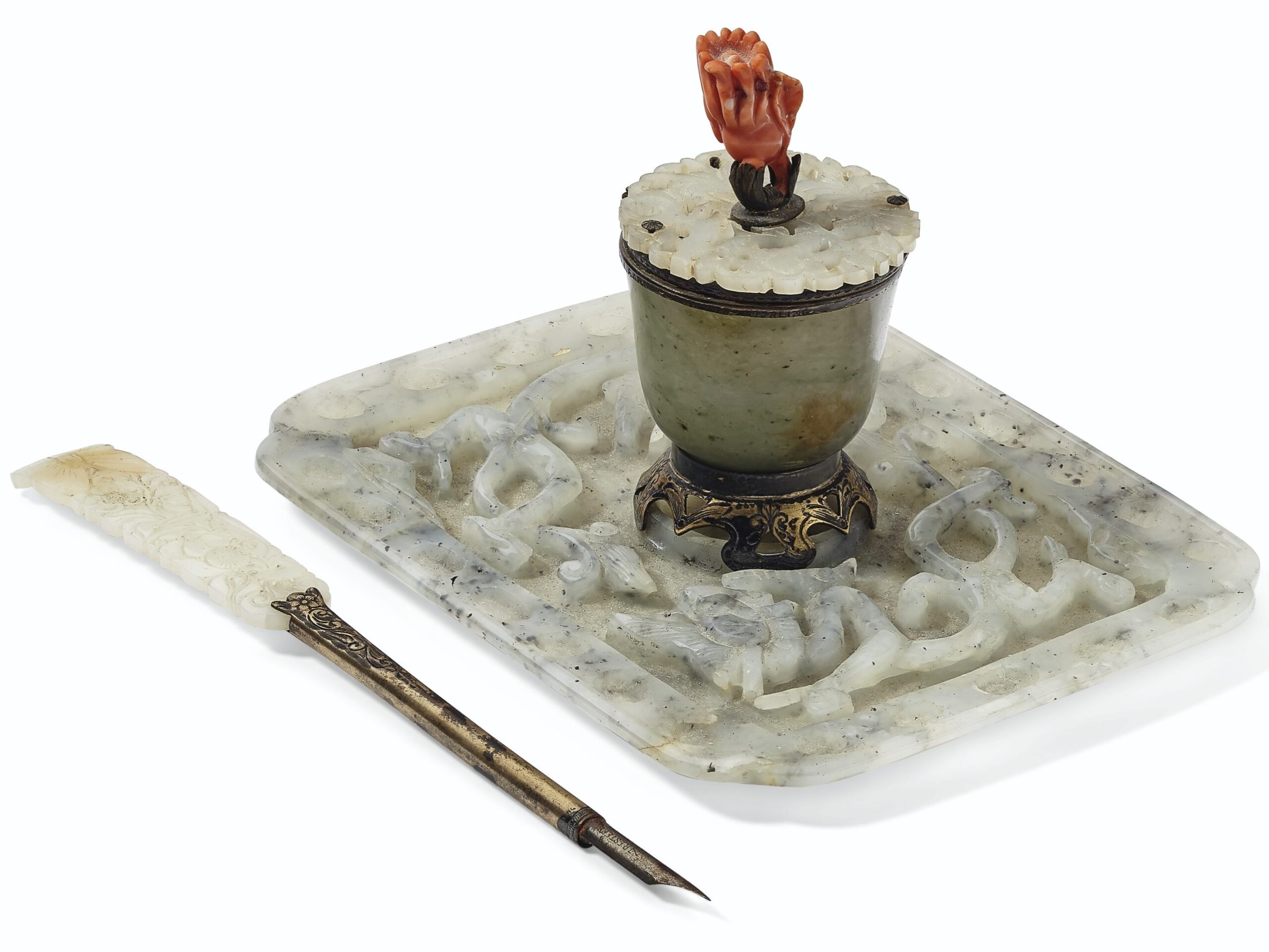 Silver-gilt Mounted Jade Inkstand with Pen – The Society of Inkwell ...